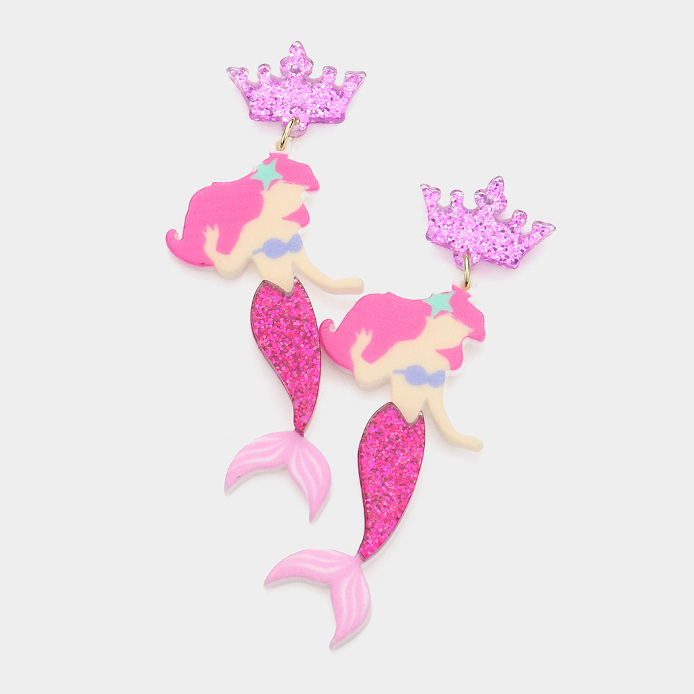 Glittered Resin Crown Mermaid Link Dangle Earrings – Madeline Love