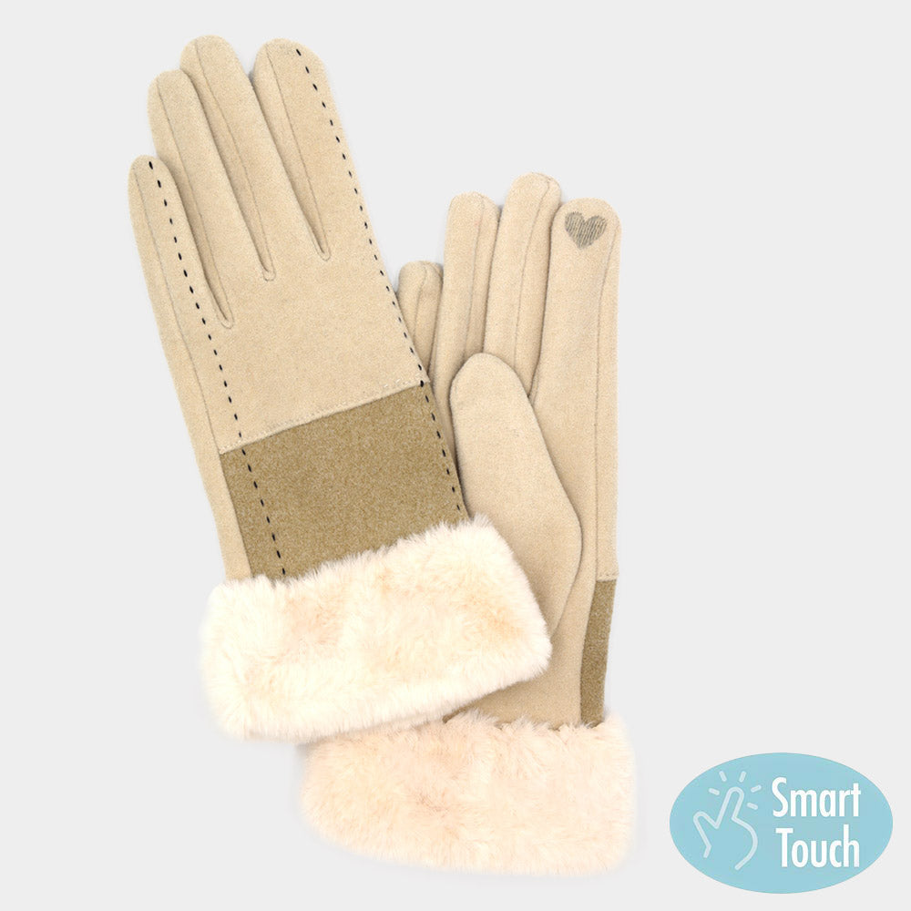 Two Tone And Stitch Lines Faux Fur Cuff Smart Touch Gloves – Madeline Love