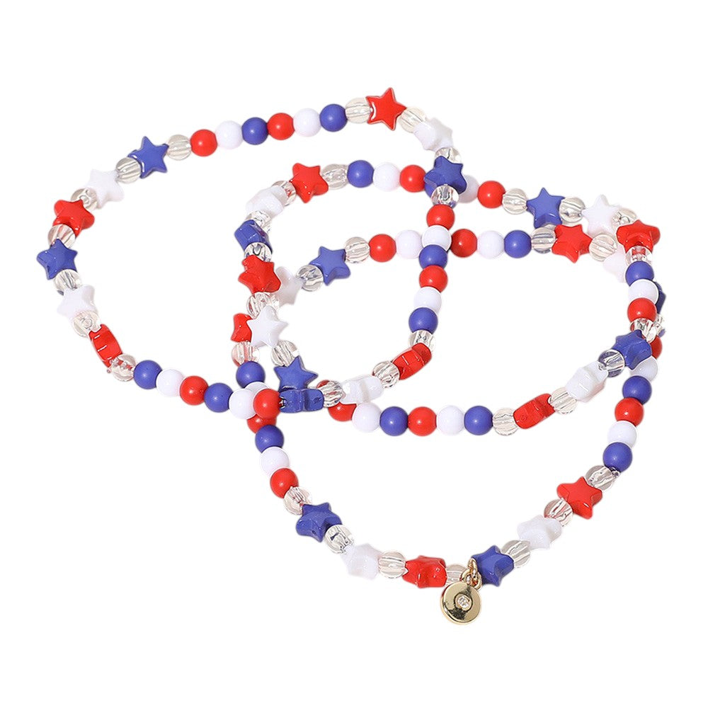 3PCS - American USA Star Beaded Stretch Multi Layered Bracelets ...
