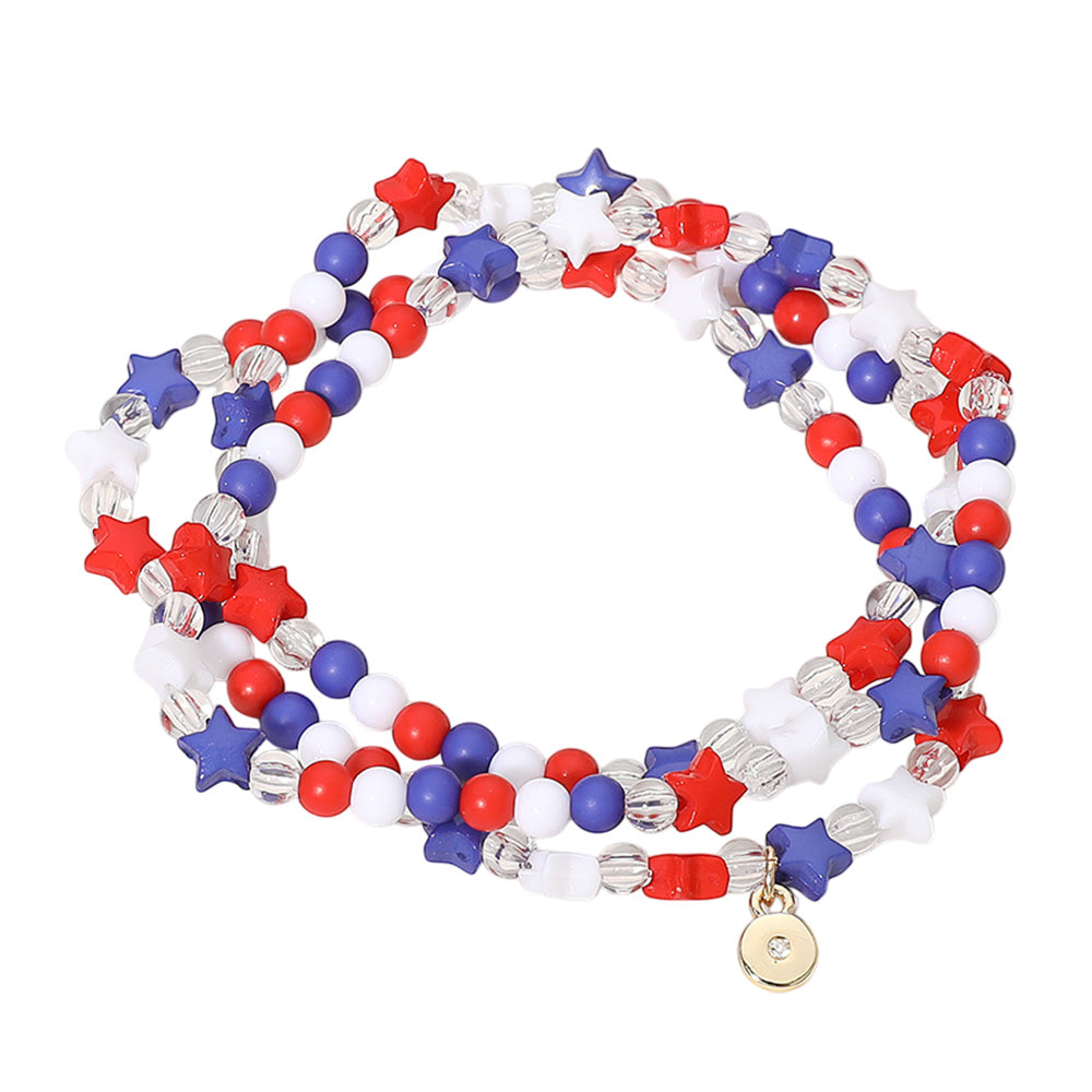 3PCS - American USA Star Beaded Stretch Multi Layered Bracelets ...
