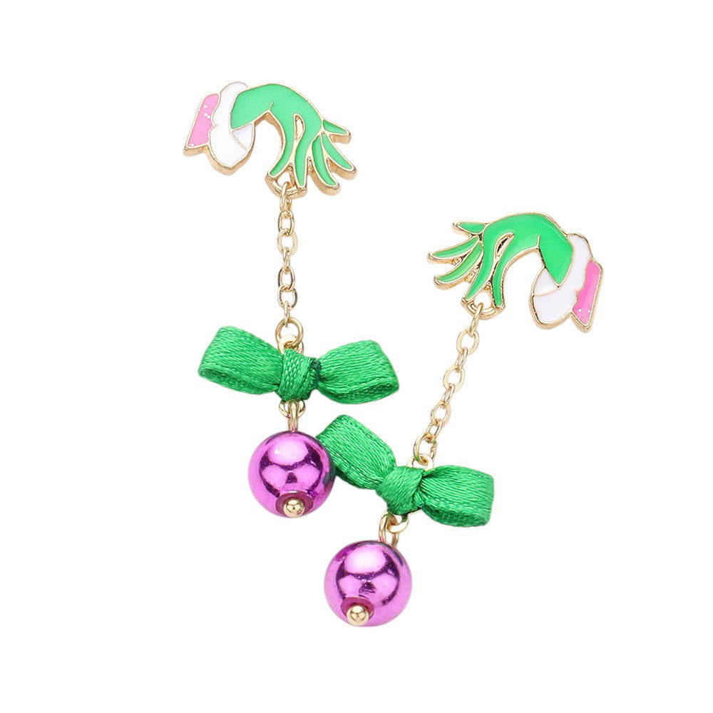 Enamel Grinch Hand Bow Bell Dropdown Earrings – Madeline Love